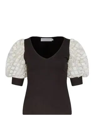 Anne Fontaine Brook T-shirt With Lace Puff Sleeves - Black