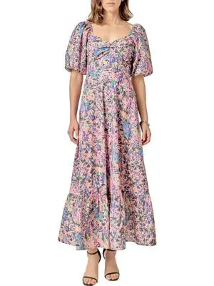 English Factory Abstract Floral Open Tie Back Maxi Dress - Pink Multi
