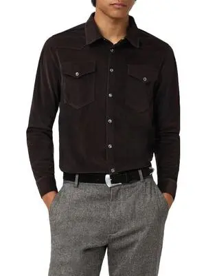 John Varvatos Andres Western Herringbone Faux Suede Snap-up Shirt - Espresso