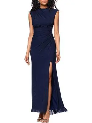 Betsy & Adam Crystal Stud Powermesh Sheath Gown - Navy/navy