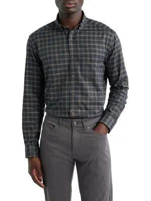 Johnston & Murphy Plaid Heathered Cotton Button-up Shirt - Charcoal/tan Grid Check
