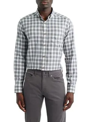 Johnston & Murphy Plaid Heathered Cotton Button-up Shirt - Navy/tan Shadow Grid