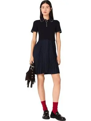 Maje Mini Pleated Polo Collar Dress - Black