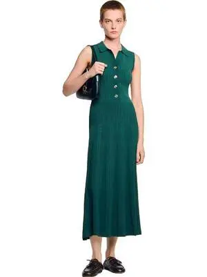Sandro Sleeveless Knit Maxi Dress With Polo Collar - Green