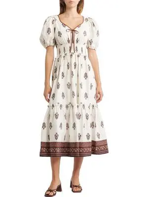 Moon River Smocked Puff Sleeve Maxi Dress - Cream Multi
