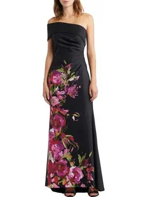 Eliza J Placed Floral One-shoulder Gown - Black Multi