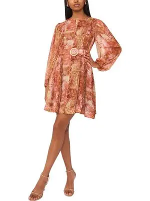 Halogen Floral Long Sleeve Belted A-line Dress - Vintage Pearl
