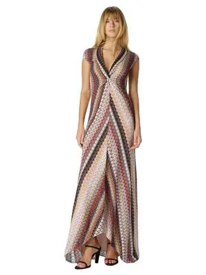 Missoni Long Dress With Knot And Neckline - Red & Blue