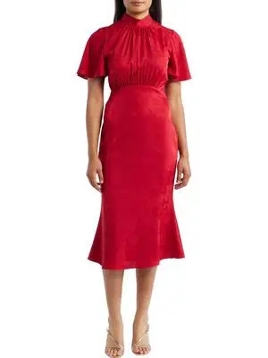 Julia Jordan Floral Jacquard Satin Flutter Sleeve Midi Dress - Red