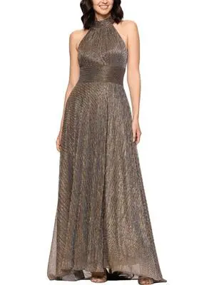 Betsy & Adam Halter Neck Metallic A-line Gown - Mocha/gold