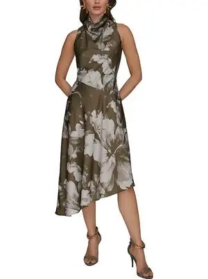 Donna Karan New York Satin Floral Dress - Antique Green Multi