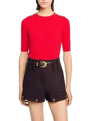 Sandro Short Sleeve Rib Knit Sweater - Red