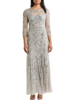 Pisarro Nights Beaded Chiffon Column Gown - Silver