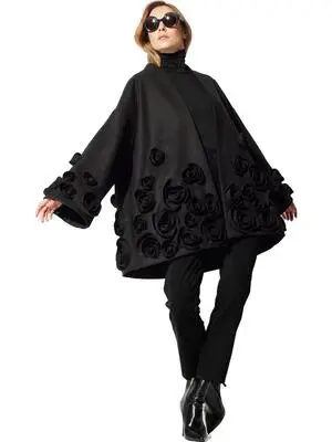 Natori Felted Trapeze Coat With 3d Floral Embroidery - Black