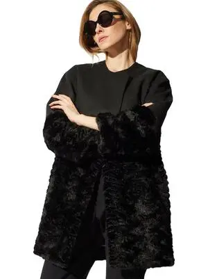 Natori Felt Astrakan Fur Coat - Black