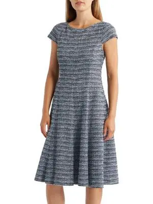 Eliza J Tweed Cap Sleeve Fit & Flare Dress - Black Blue