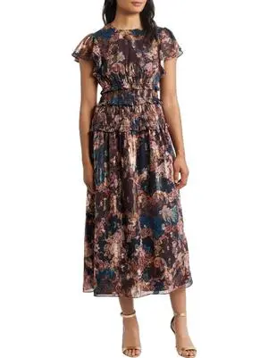 Eliza J Metallic Floral Flutter Sleeve Midi Dress - Navy Multi