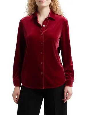 Anne Klein Long Sleeve Velvet Button-up Shirt - Red Ruby