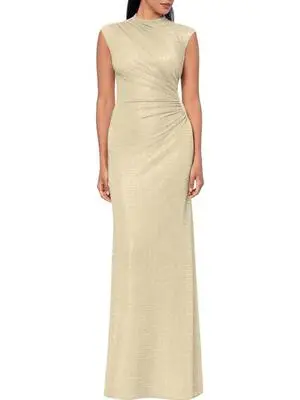Betsy & Adam Ruched Sleeveless Crinkled Metallic Column Gown - Gold/gold