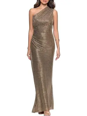 Betsy & Adam One-shoulder Metallic Crinkled Column Gown - Mocha/gold