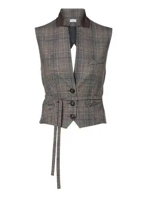 Brunello Cucinelli Belted Checked Virgin Wool Vest - Grey