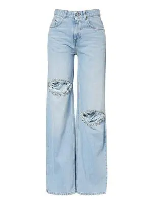 AREA Distressed Embellished Wide-leg Jeans - Blue