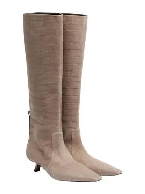 Brunello Cucinelli Monili Croc-effect Suede Knee-high Boots - Beige