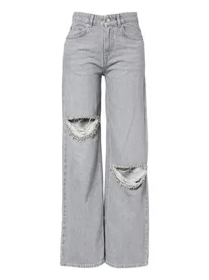 AREA Distressed Embellished Wide-leg Jeans - Grey