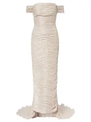 MARMAR HALIM Off-shoulder Pleated Bustier Gown - Beige