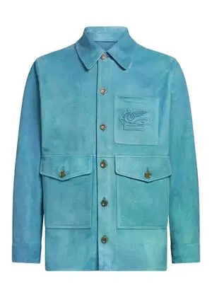 Etro Pegasus-embroidered Suede Shirt Jacket - Blue