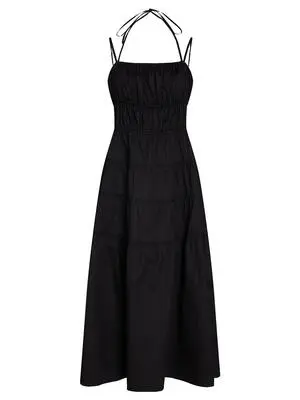 Sandro Gathered Stretch-cotton Poplin Midi Dress - Black