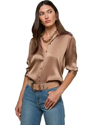 L'Agence Dani Silk Button-Down Blouse Cinnamon Swirl