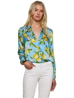 L'Agence Tyler Silk Blouse Top Sky Blue/yellow Floral Lemon