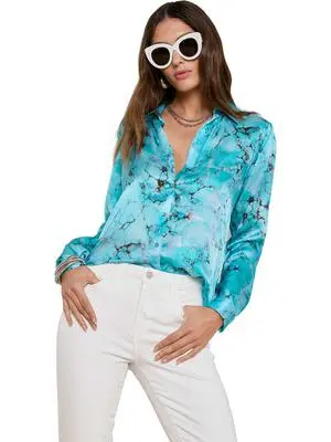 L'Agence Tyler Silk Blouse Top Multi Turquoise Stone