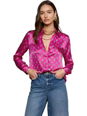 L'Agence Tyler Printed Silk Blouse Fuchsia/turquoise Southwestern Geo