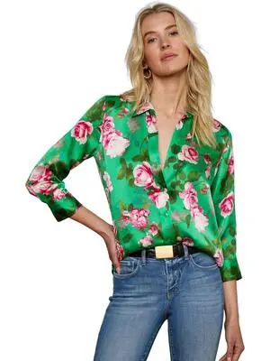 L'Agence Dani Floral Print Silk Blouse Green Multi Santa Fe Rose