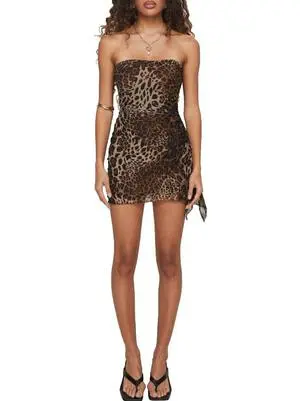 Princess Polly Donelli Strapless Asymmetric Mini Dress - Leopard