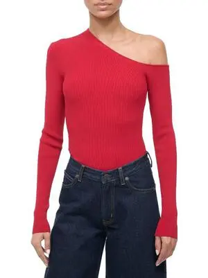 Staud Lois One Shoulder Rib Top - Rouge