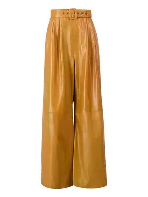 PAULA Belted-waist Leather Palazzo Pants - Brown