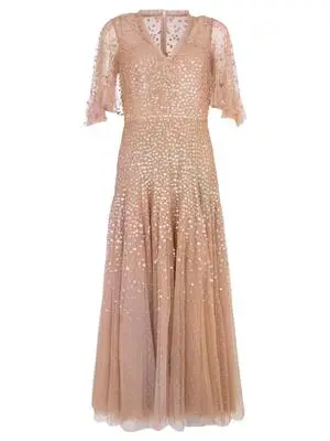 NEEDLE & THREAD Dappled Sequin Cape V-neck Maxi Dress - Neutrals