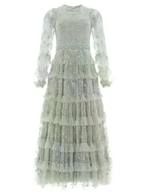 NEEDLE & THREAD Blossom Lace Ruffled Maxi Dress Green