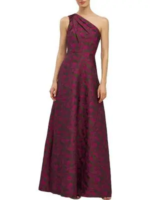 KAY UNGER Ashley Metallic Floral Jacquard One-shoulder Gown - Wild Berry/pesto