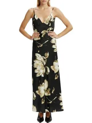 Bardot Capri Floral Print Satin Slipdress - Black Floral