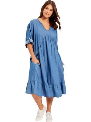 JUNE + VIE Ruffled Denim Dress - Medium Wash