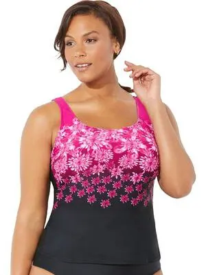 SWIMSUITS FOR ALL Chlorine Resistant Classic Tankini Top With Built-in Shelf Bra Pink Exploded