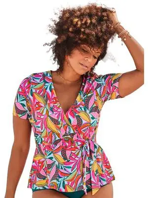 SWIMSUITS FOR ALL Short Sleeve Faux Wrap Tankini Top - Multi Palm Leaves