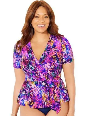 SWIMSUITS FOR ALL Short Sleeve Faux Wrap Tankini Top - Watercolor Burst Tropical