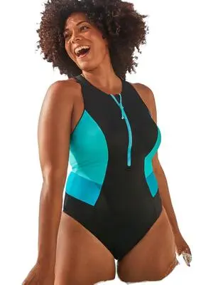 SWIMSUITS FOR ALL Chlorine Resistant High Neck Zip One Piece Swimsuit - Crystal Blue