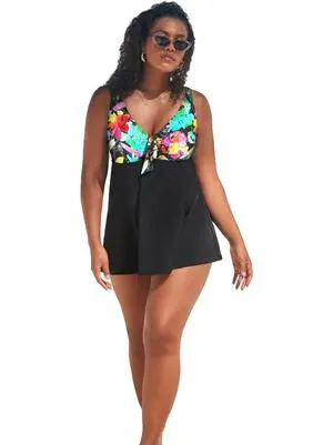 SWIMSUITS FOR ALL Tie Front V-neck Swimdress - Multi