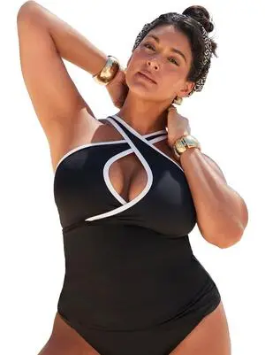 SWIMSUITS FOR ALL Crisscross High Neck Tankini Top - Black White